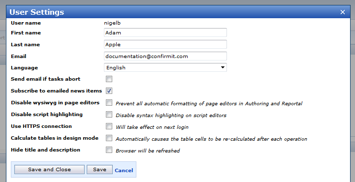 User Settings – Reportal